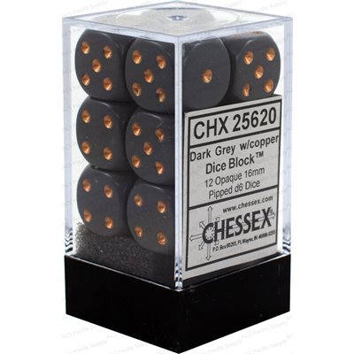 Dice: 12x D6: 16 mm: Opaque: Dark Grey / Copper (EN)