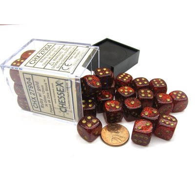 Dice: 36x D6: 12 mm: Glitter: Ruby / Gold (EN)