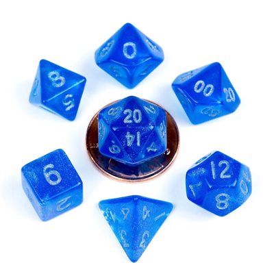 Dice: 7 pc: 10 mm: Acrylic: Mini Stardust Blue with Silver Numbers (EN)